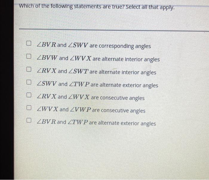 Solved Lines BX and SP intersect line RT as shown.Which of | Chegg.com