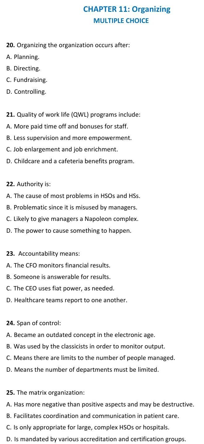 Solved CHAPTER 11: Organizing MULTIPLE CHOICE 20. Organizing | Chegg.com