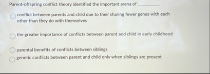Solved Parent-offspring conflict theory identified the | Chegg.com