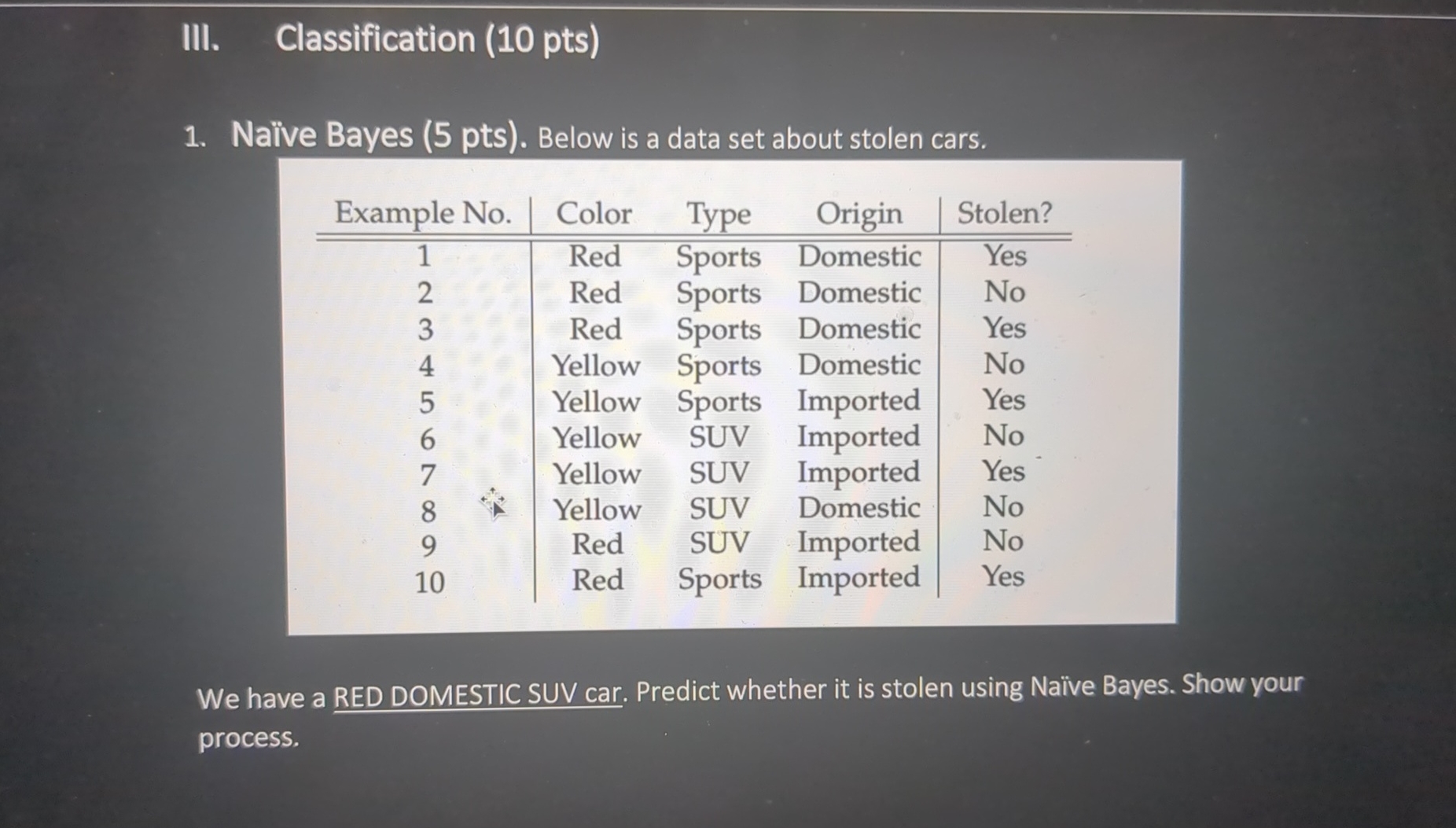 Solved III. Classification (10 ﻿pts)Naïve Bayes ( 5 ﻿pts). | Chegg.com