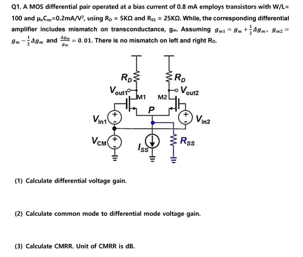 Solved Q1. ﻿A MOS differential pair operated at a bias | Chegg.com