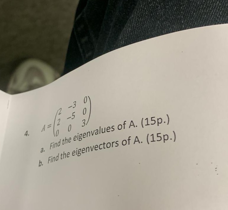 [Solved]: A=([2,-3,0],[2,-5,0],[0,0,3]) Find the eigenvalues
