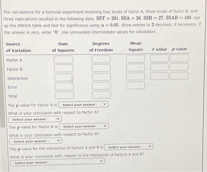 Solved The calculations for a factorial experiment involving | Chegg.com