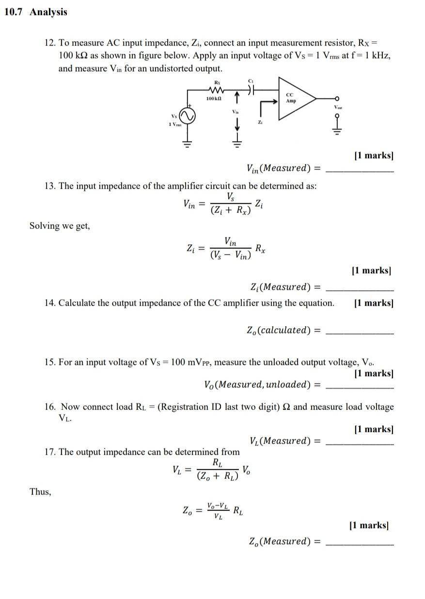 Solved 10.7 Analysis 12. To measure AC input impedance, Zi, | Chegg.com