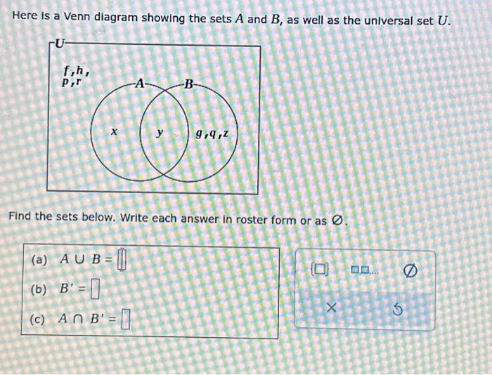 Solved Here is a Venn diagram showing the sets A and B, as | Chegg.com