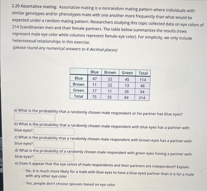 Solved 2.20 Assortative mating: Assortative mating is a | Chegg.com
