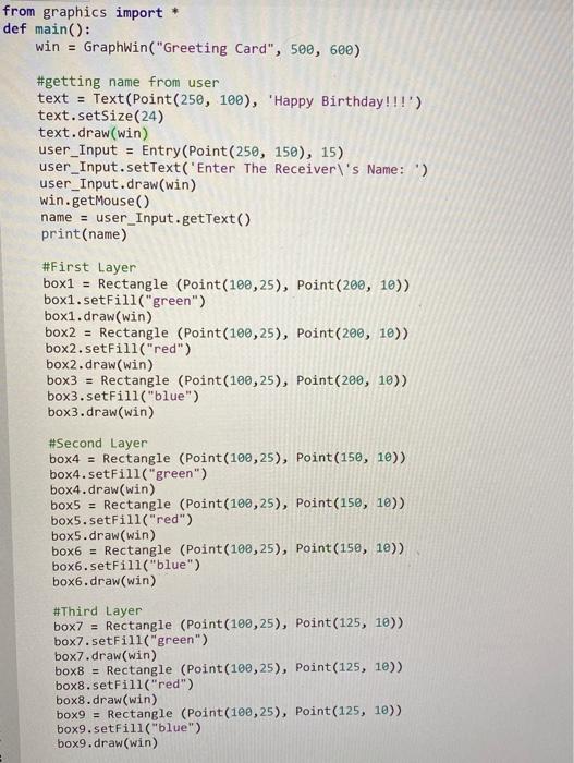 Solved Python, Zelle graphics libraryNeed help undrawing | Chegg.com Solved Python, Zelle graphics libraryNeed help undrawing | Chegg.com