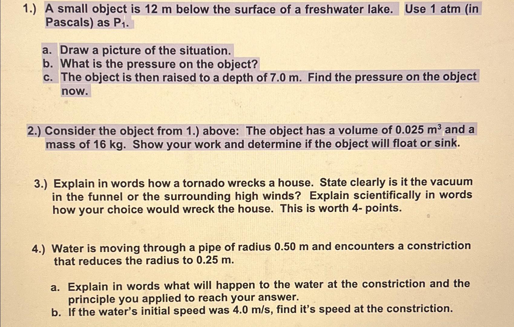 Solved 1.) ﻿A small object is 12m ﻿below the surface of a | Chegg.com