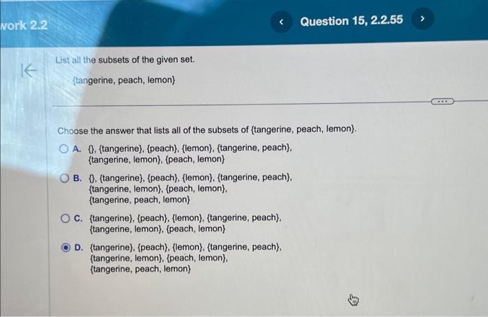 work 2.2 K List all the subsets of the given set. | Chegg.com