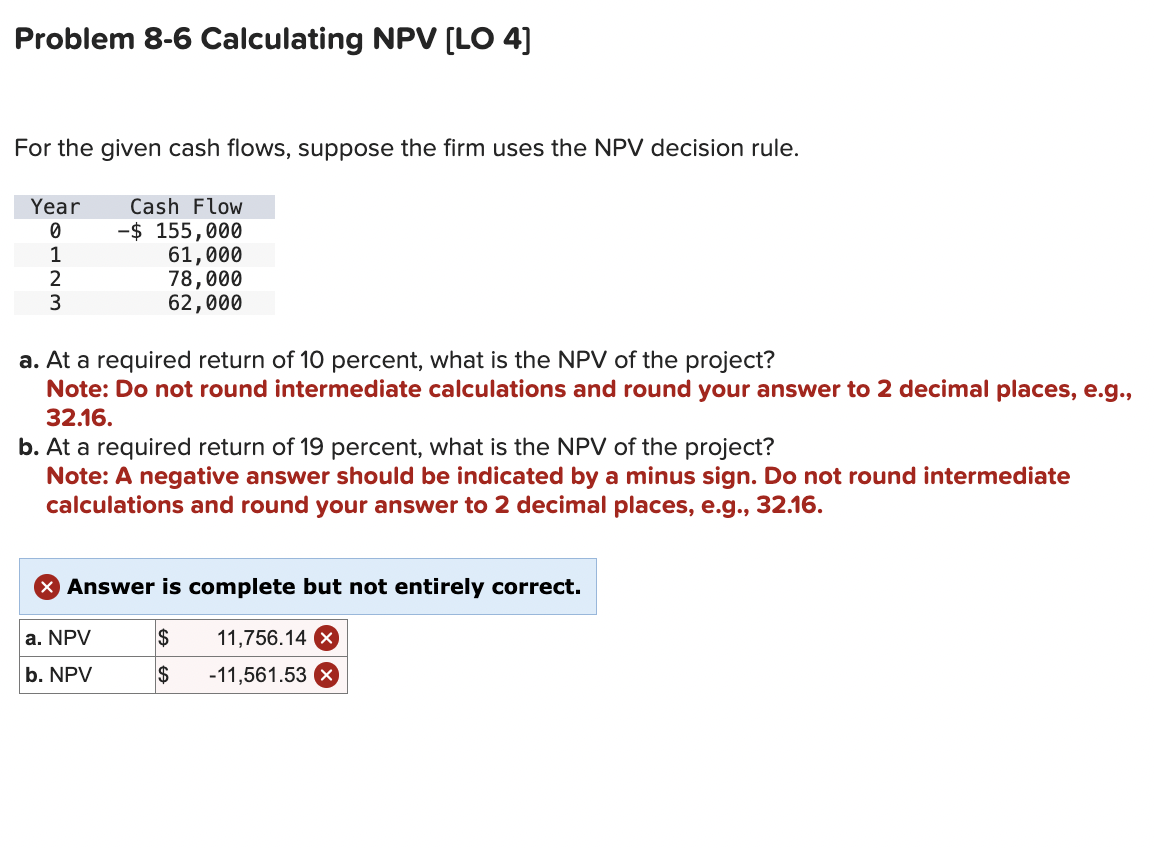 Solved Problem 8-6 ﻿Calculating NPV [lO 4] ﻿For the given | Chegg.com