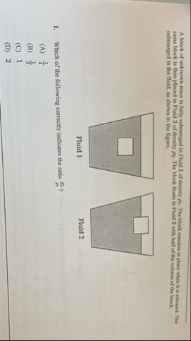 Solved A block of unknown mass is fully submerged in Fluid 1 | Chegg.com