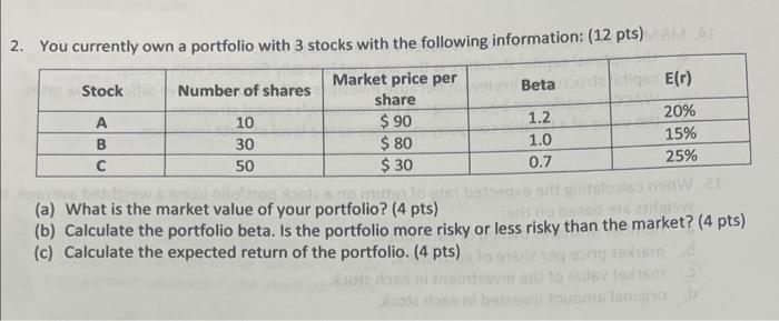 Solved You currently own a portfolio with 3 stocks with the | Chegg.com