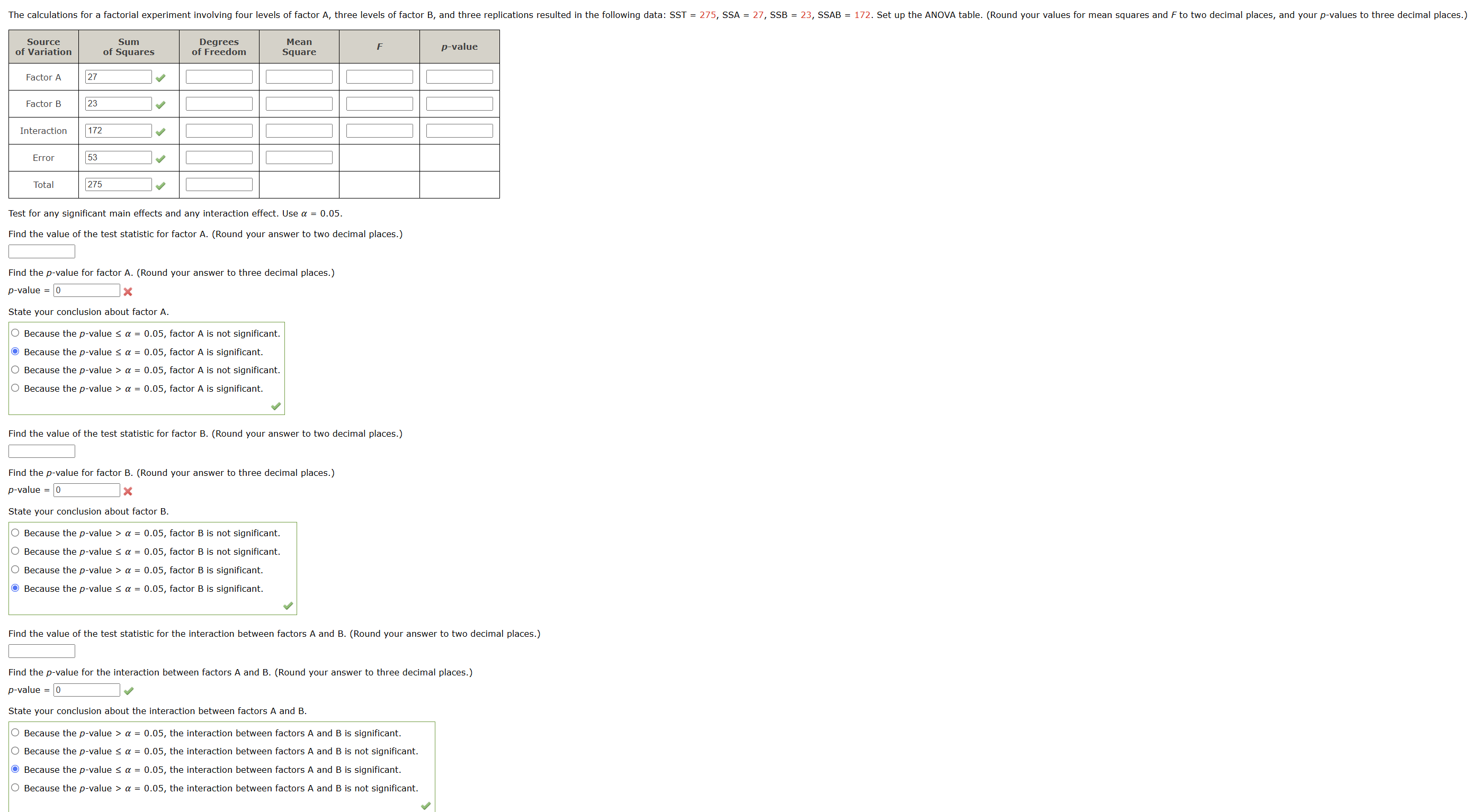 Solved The calculations for a factorial experiment involving | Chegg.com