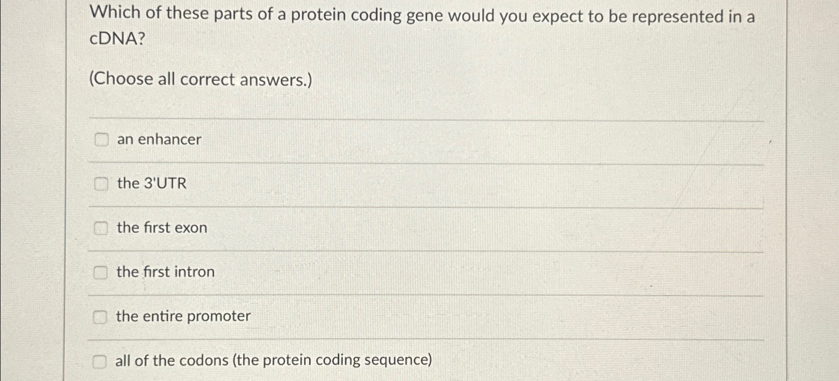 Solved Which of these parts of a protein coding gene would | Chegg.com