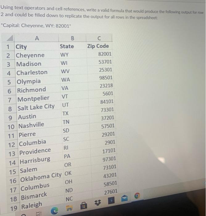 Solved Using text operators and cell references, write a | Chegg.com