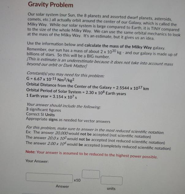 Solved Gravity Problem Our solar system (our Sun, the 8 | Chegg.com