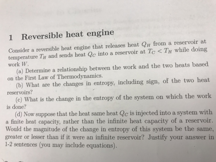 Solved 1 Reversible heat engine Consider a reversible heat | Chegg.com