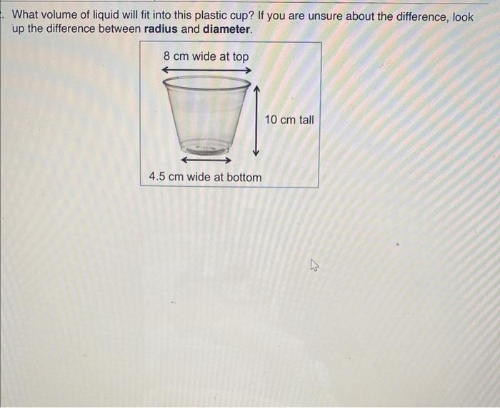 Solved What volume of liquid will fit into this plastic cup? | Chegg.com