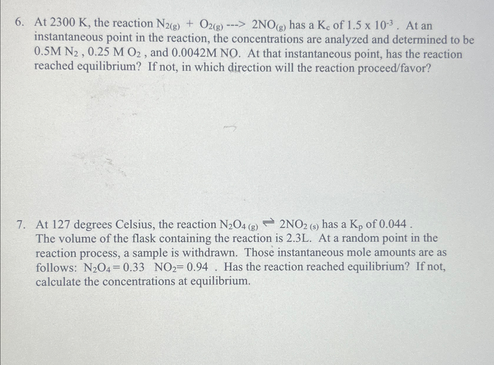 Solved At 2300K, ﻿the reaction N2(g)+O2(g)-→2NO(g) ﻿has a Kc | Chegg.com