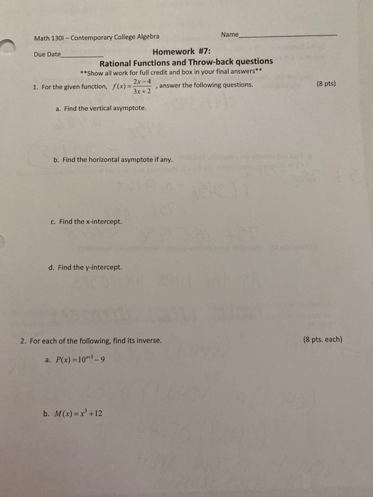 Solved Math 1301 - Contemporary College Algebra Name Due | Chegg.com