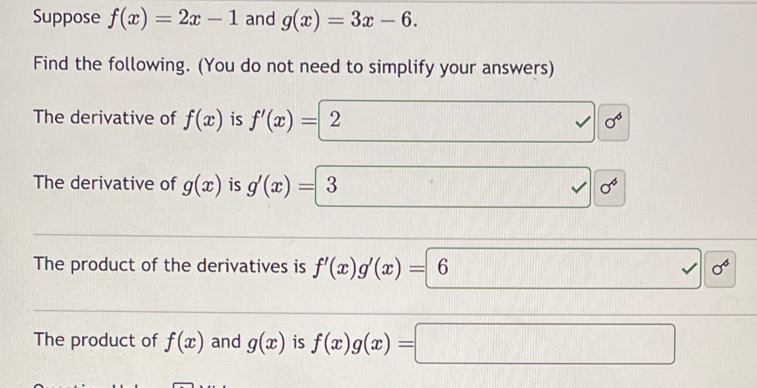Solved Suppose f(x)=2x-1 ﻿and g(x)=3x-6.Find the following. | Chegg.com