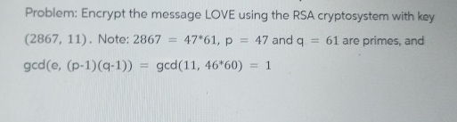 Solved Problem: Encrypt the message LOVE using the RSA | Chegg.com