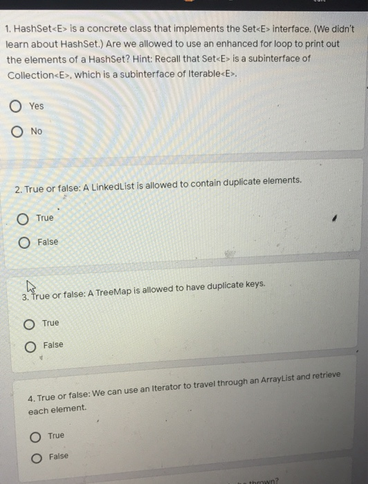 Solved 1. HashSet is a concrete class that implements the | Chegg.com