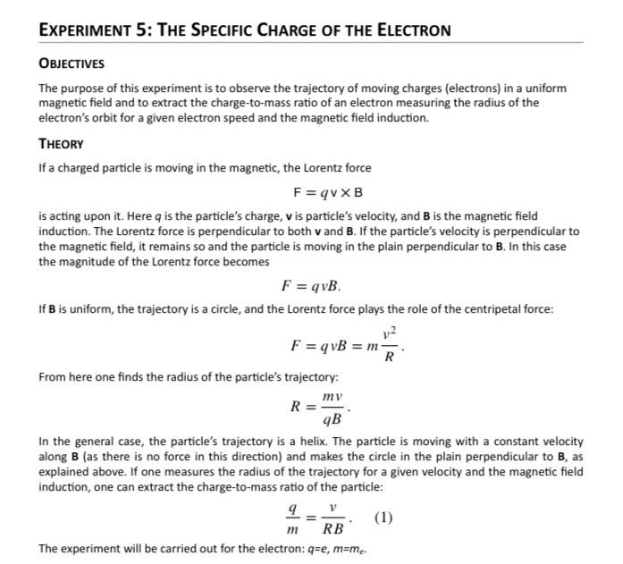 EXPERIMENT 5: THE SPECIFIC CHARGE OF THE ELECTRON | Chegg.com