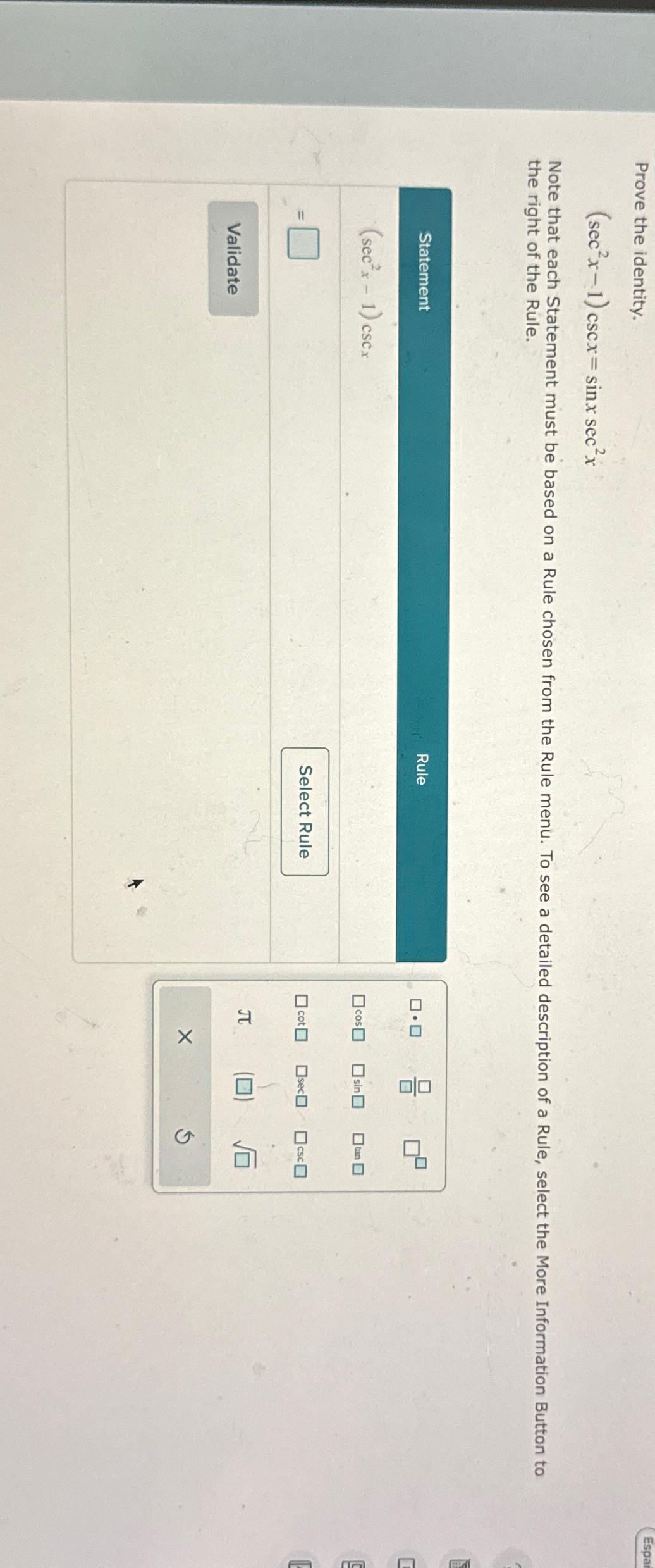 Solved Prove the identity.(sec2x-1)cscx=sinxsec2xthe right | Chegg.com Solved Prove the identity.(sec2x-1)cscx=sinxsec2xthe right | Chegg.com