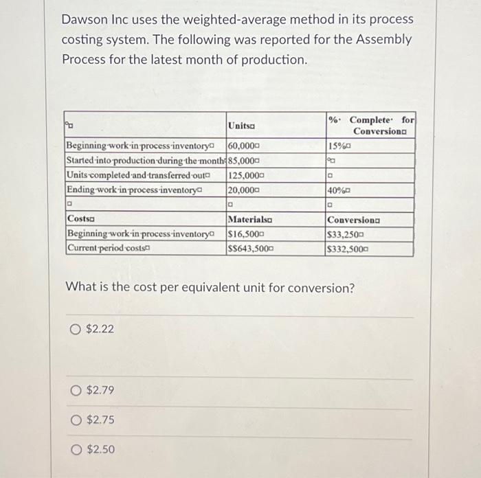 Solved Dawson Inc uses the weighted-average method in its | Chegg.com