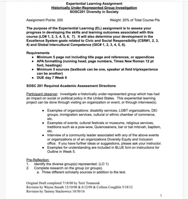 Experiential Learning Assignment Historically | Chegg.com