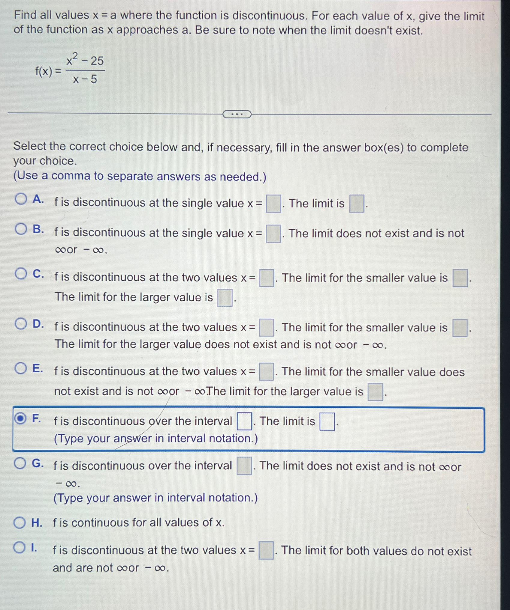 Solved Find all values x=a where the function is | Chegg.com