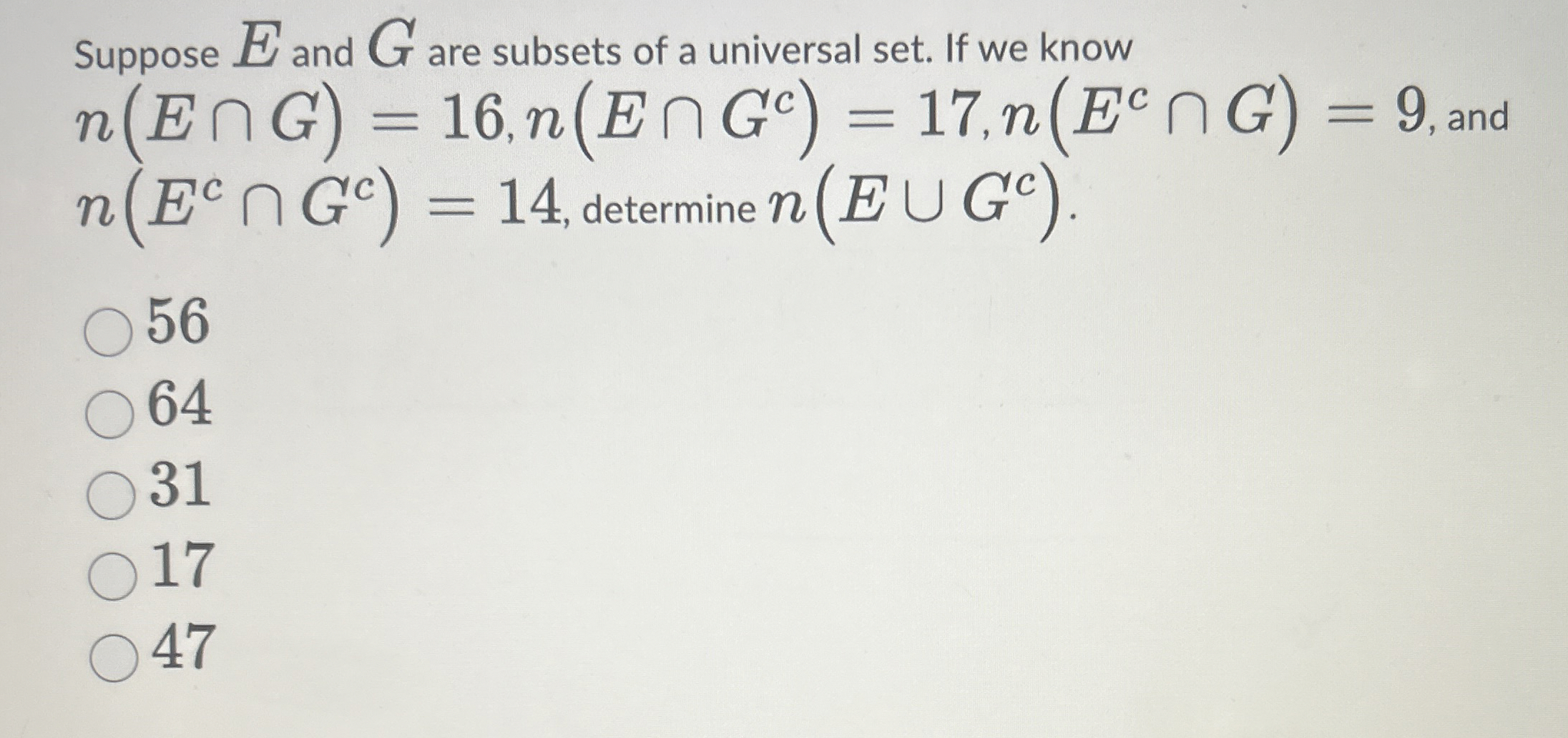 Solved Suppose E ﻿and G ﻿are subsets of a universal set. If | Chegg.com