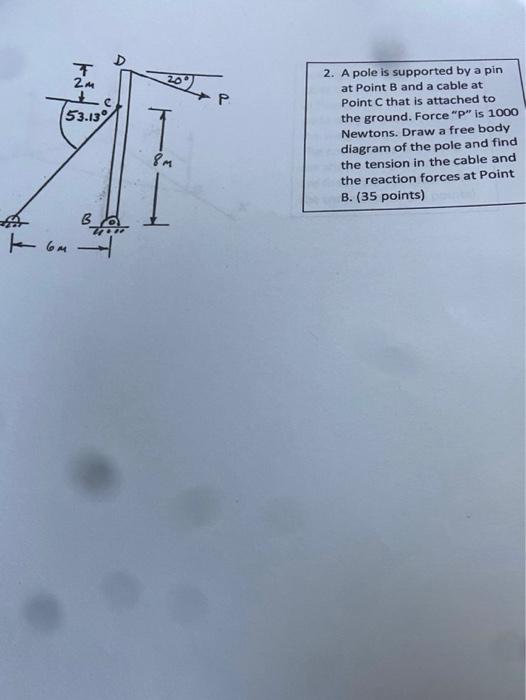 Solved 2. A pole is supported by a pin at Point B and a | Chegg.com