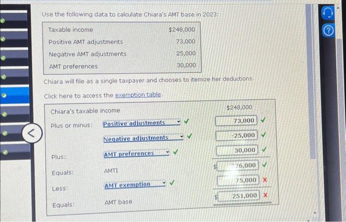 Solved Use the following data to calculate Chiara's AMT base | Chegg.com