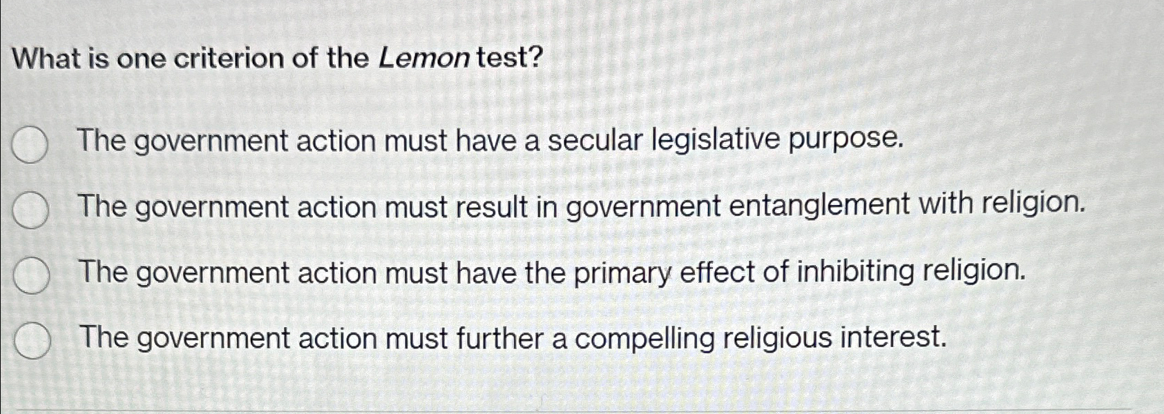 Solved What is one criterion of the Lemon test?The | Chegg.com