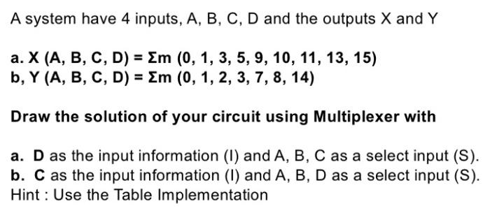 Solved A system have 4 inputs, A,B,C,D and the outputs X and | Chegg.com