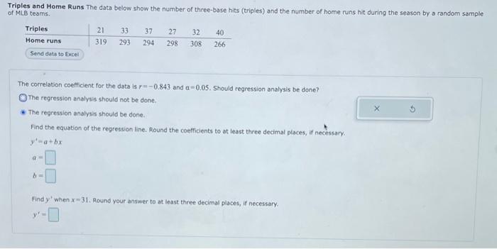 Solved The correlation coefficient for the data is r=−0.843 | Chegg.com