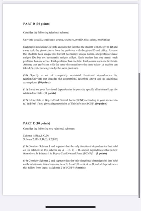 Solved PART D (30 points) Consider the following relational | Chegg.com