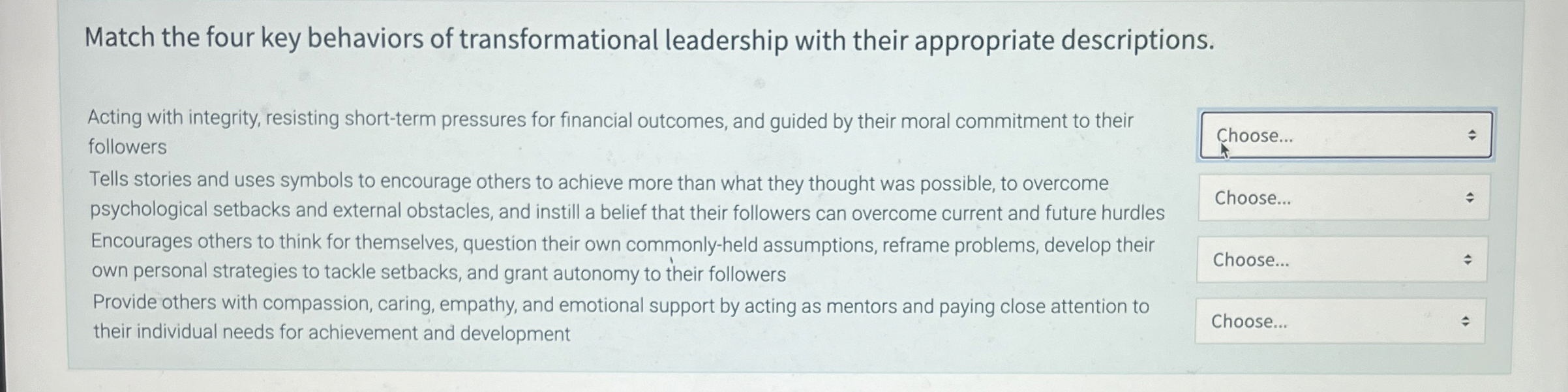 Solved Match the four key behaviors of transformational | Chegg.com