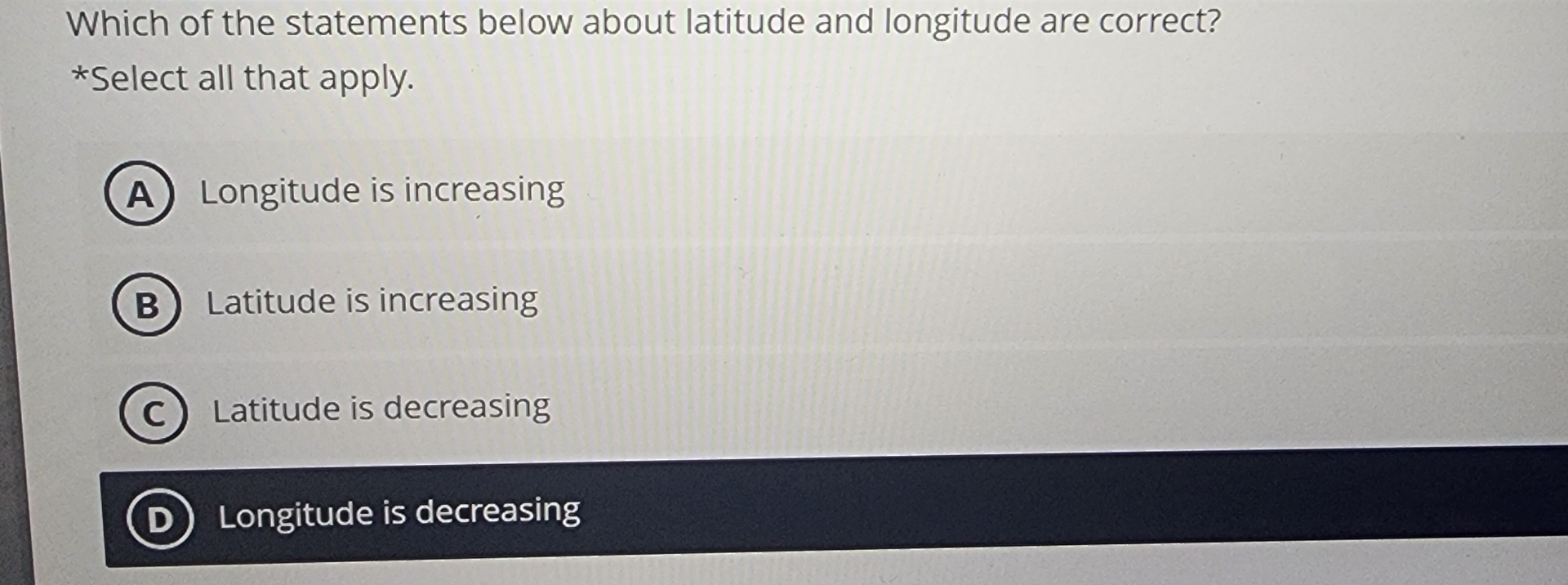 Solved Which of the statements below about latitude and | Chegg.com