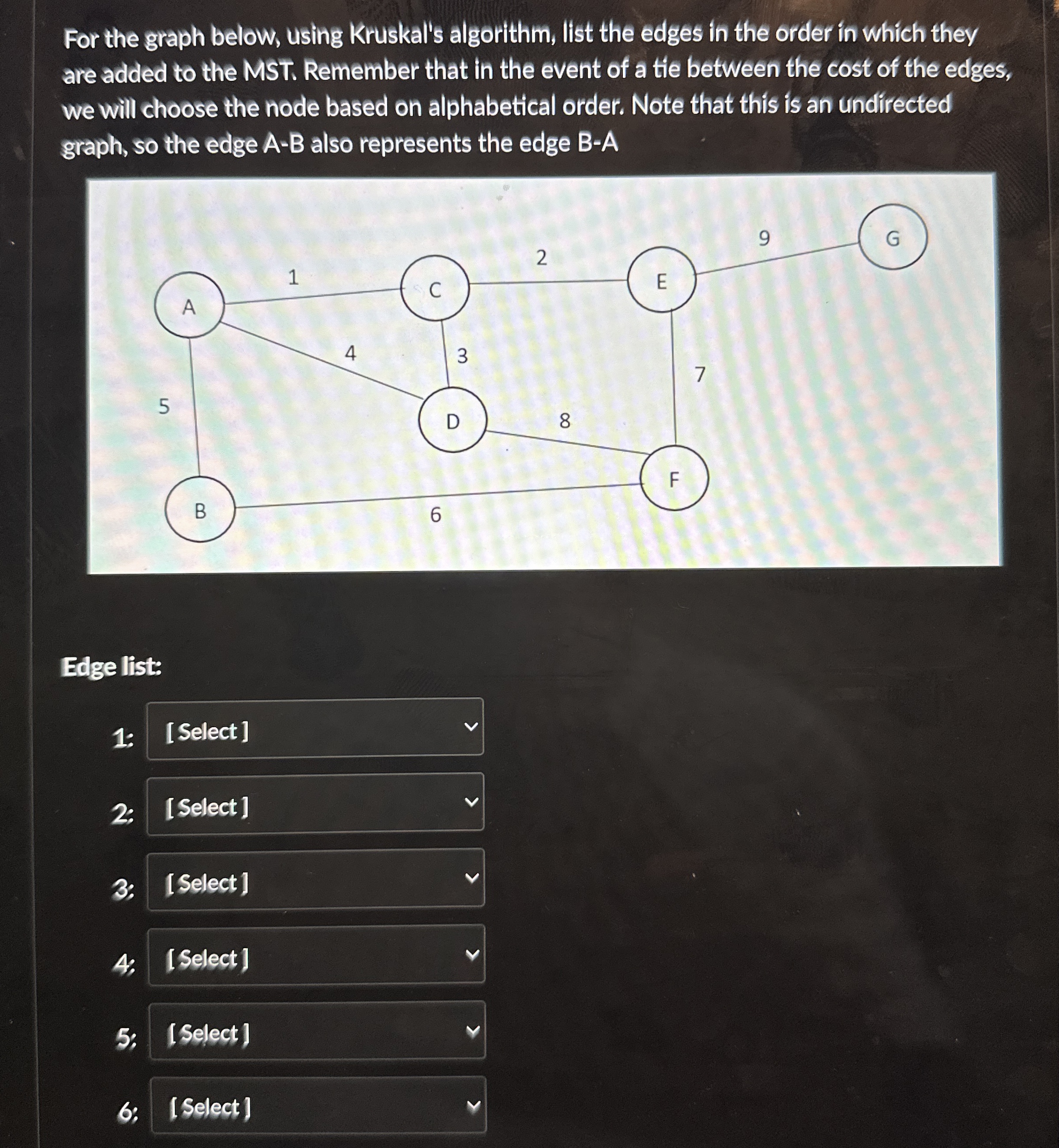 Solved For the graph below, using Kruskal's algorithm, list | Chegg.com