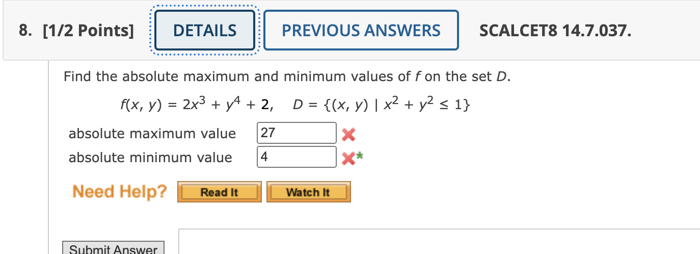 Solved Find the absolute maximum and minimum values of f ﻿on | Chegg.com
