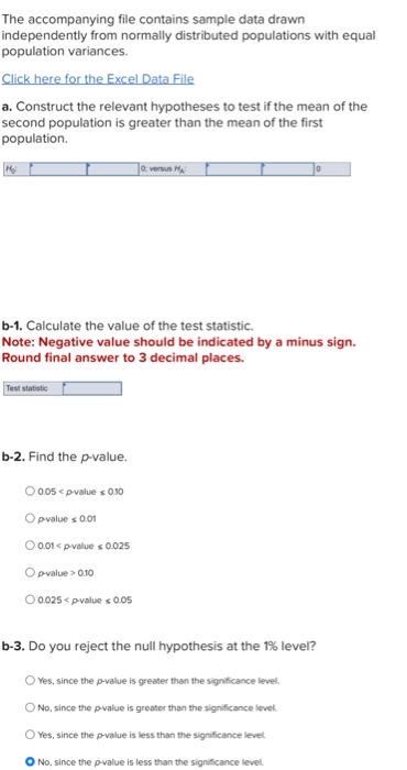 Solved The accompanying file contains sample data drawn | Chegg.com