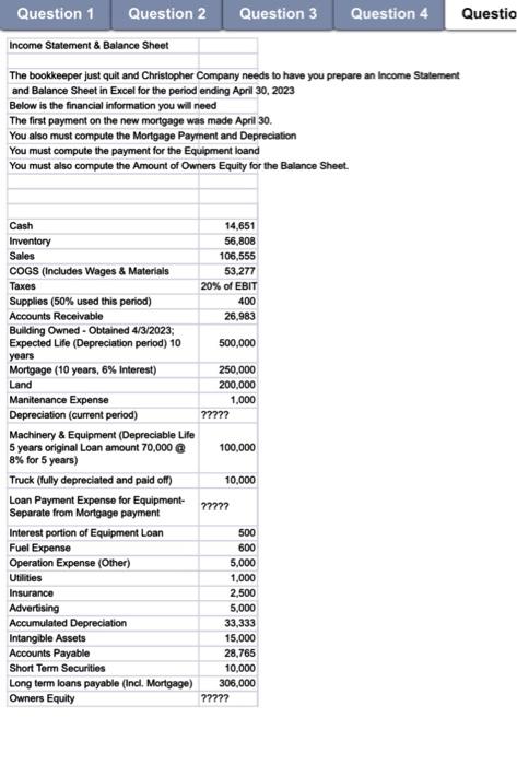 Solved Question 1 Income Statement & Balance Sheet Question | Chegg.com