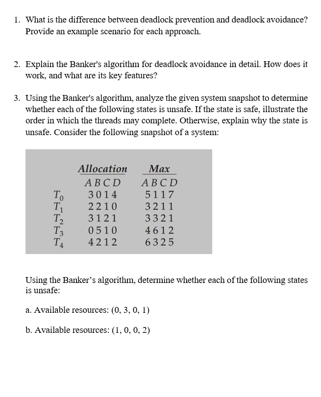 Solved What is the difference between deadlock prevention | Chegg.com