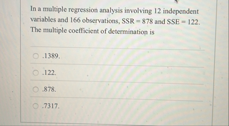 Solved In a multiple regression analysis involving 12 | Chegg.com
