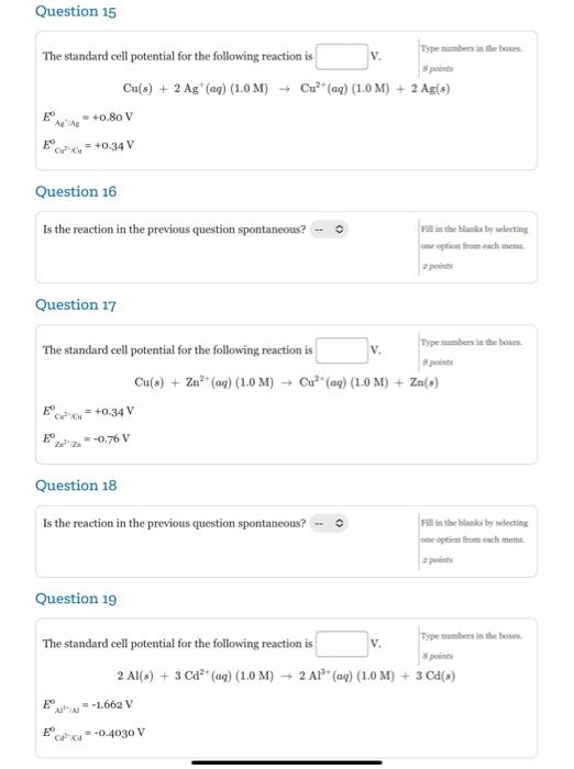 Solved The standard cell potential for the following | Chegg.com