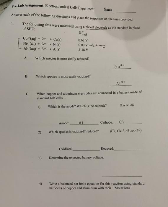 Solved Pre-Lab Assignment: Electrochemical Cells Experiment | Chegg.com