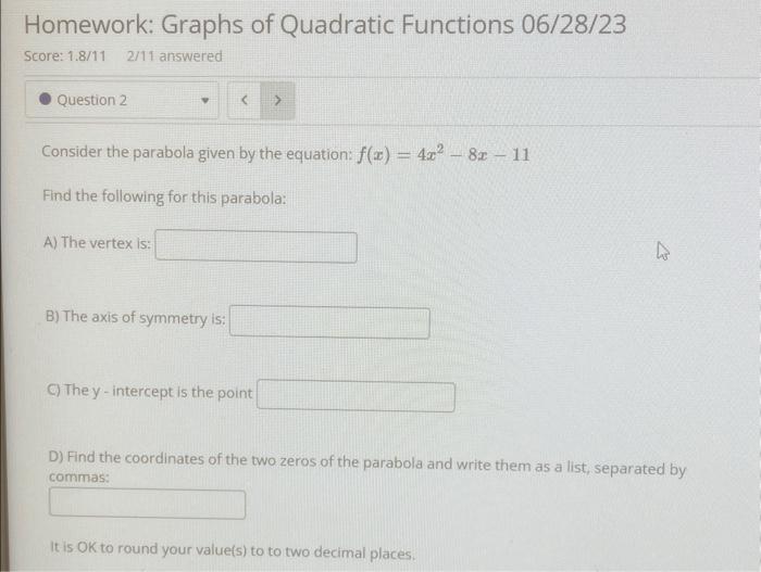 Solved Homework: Graphs of Quadratic Functions 06/2ε Score: | Chegg.com